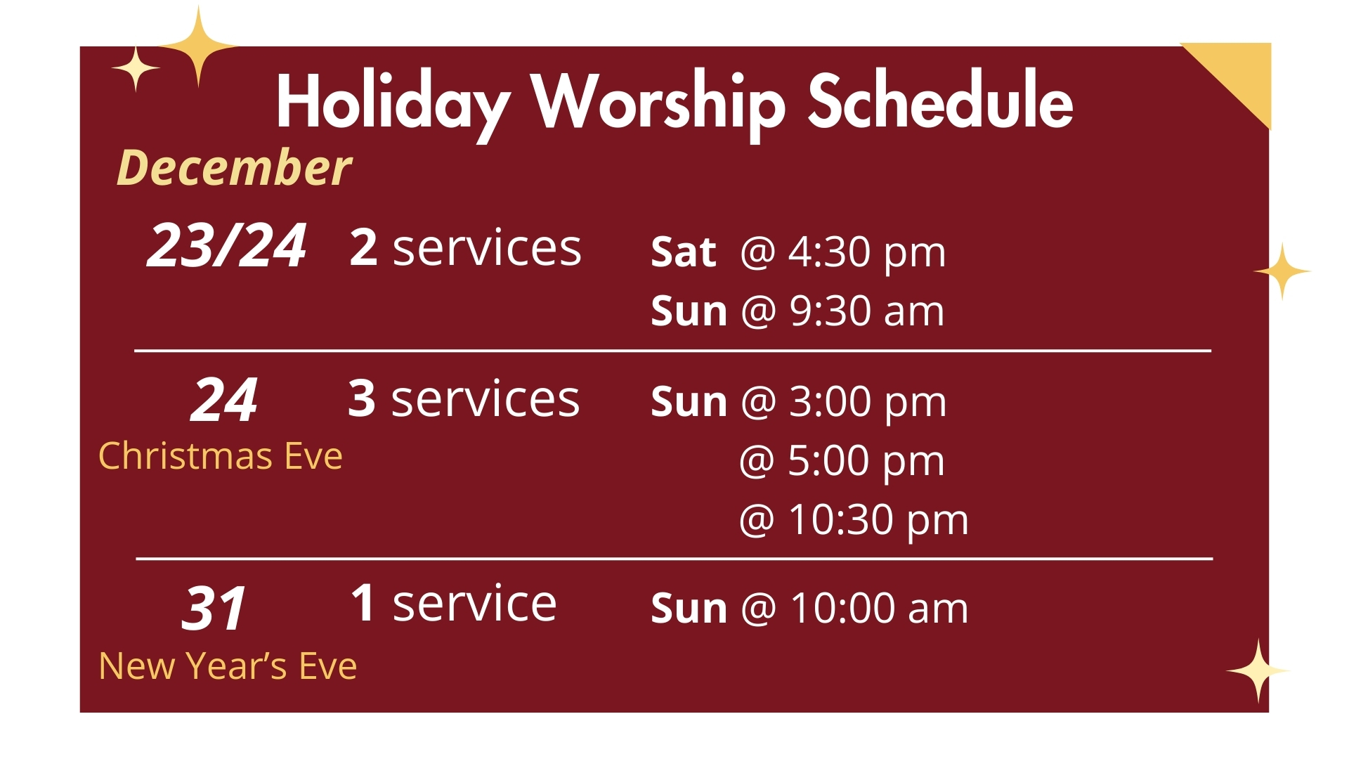 Holiday Worship Schedule - McCabe United Methodist Church